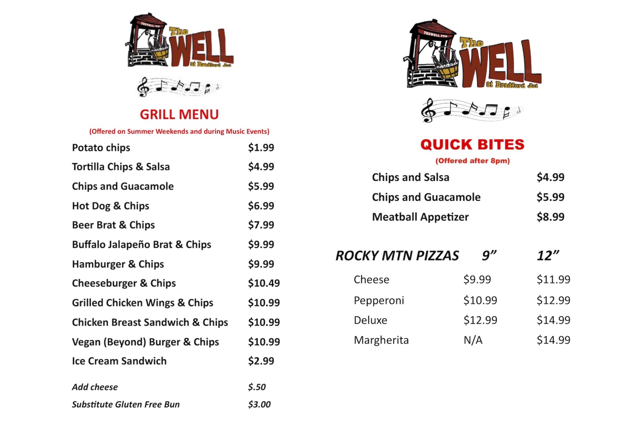 Menu - The Well at Bradford Junction