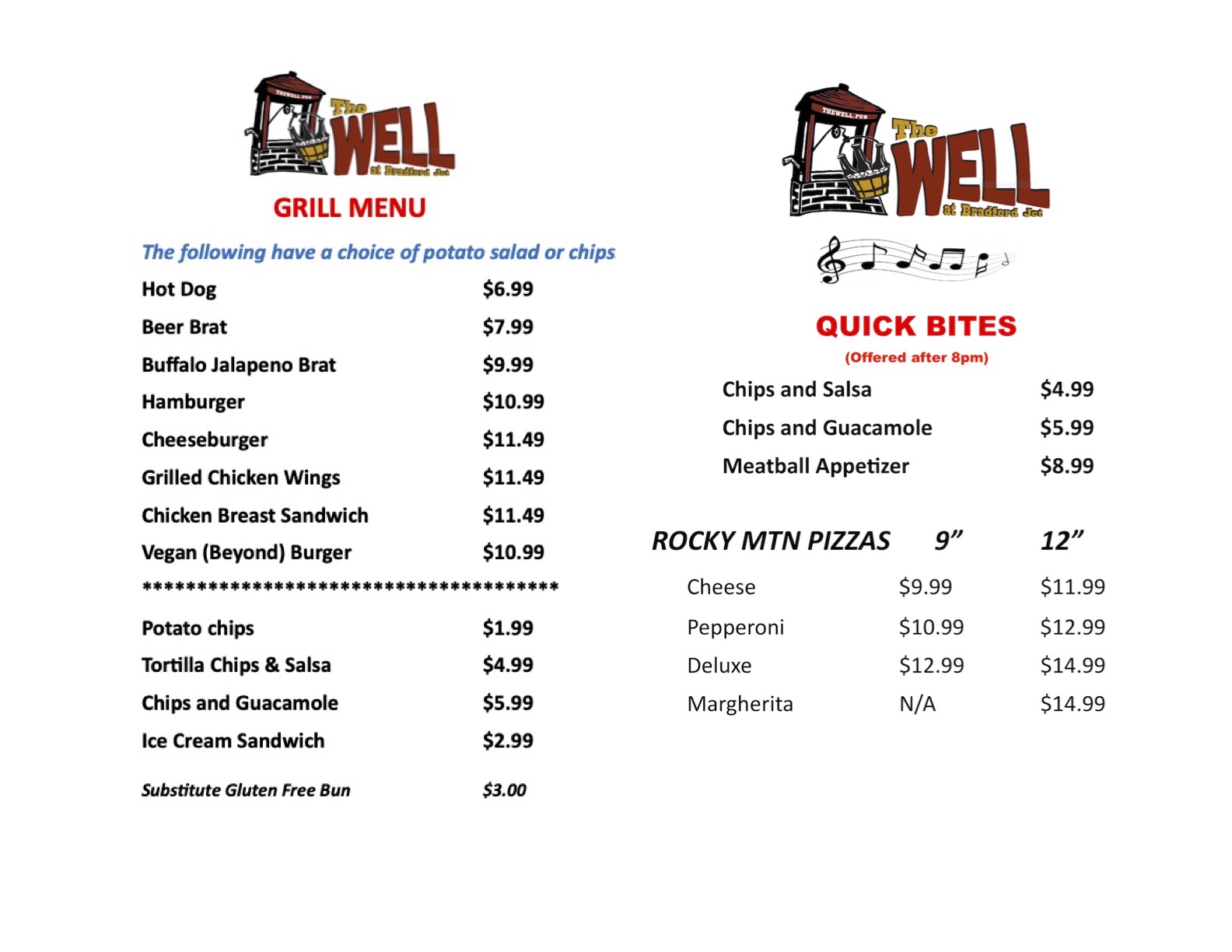 Menu - The Well at Bradford Junction
