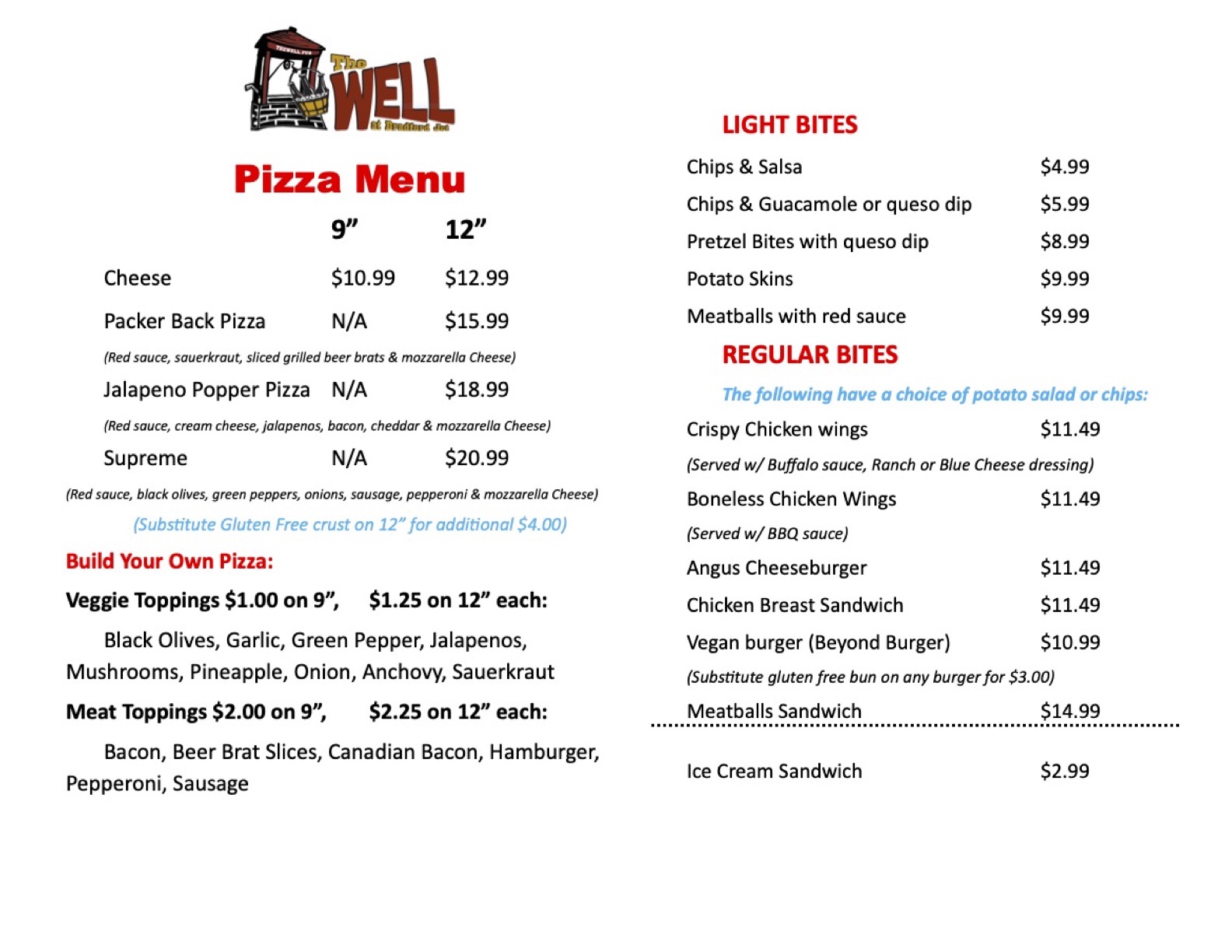 Menu - The Well at Bradford Junction